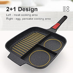 Bobikuke 3 Section Grill Pan for Stove Tops with Detachable Handle, Nonstick Versatile Griddle Pan with Lid, Square Skillet PFOA Free, Black