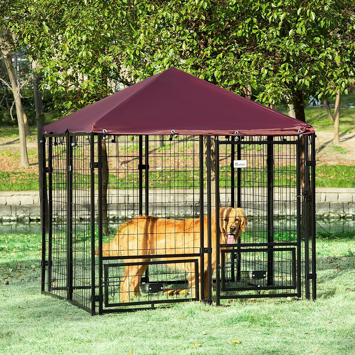PawHut 5' x 5' x 5' Outdoor Dog Kennel with Rotating Bowl Holders, Walk-in Pet Playpen, Welded Wire Steel with Water and UV-Resistant Canopy, Red
