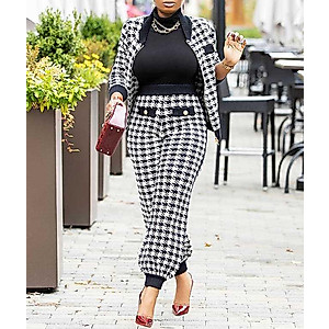 SOMTHRON Women’s Houndstooth Print 2 Piece Outfit Zip Up Long Sleeve Jacket Elastic High Waist Long Pants Set Work Suits Tracksuit BL-L