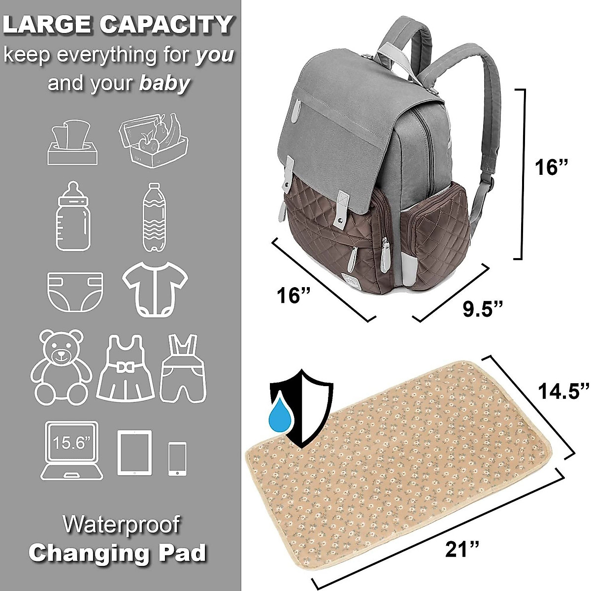 Baby Diaper Bag Backpack with Waterproof Changing Pad Ideal for Mom and Dad,Large Multifunctional Nappy Changing and Travel Bag For Boys and Girls with Stroller Connector and Laptop/Tablet Pockets