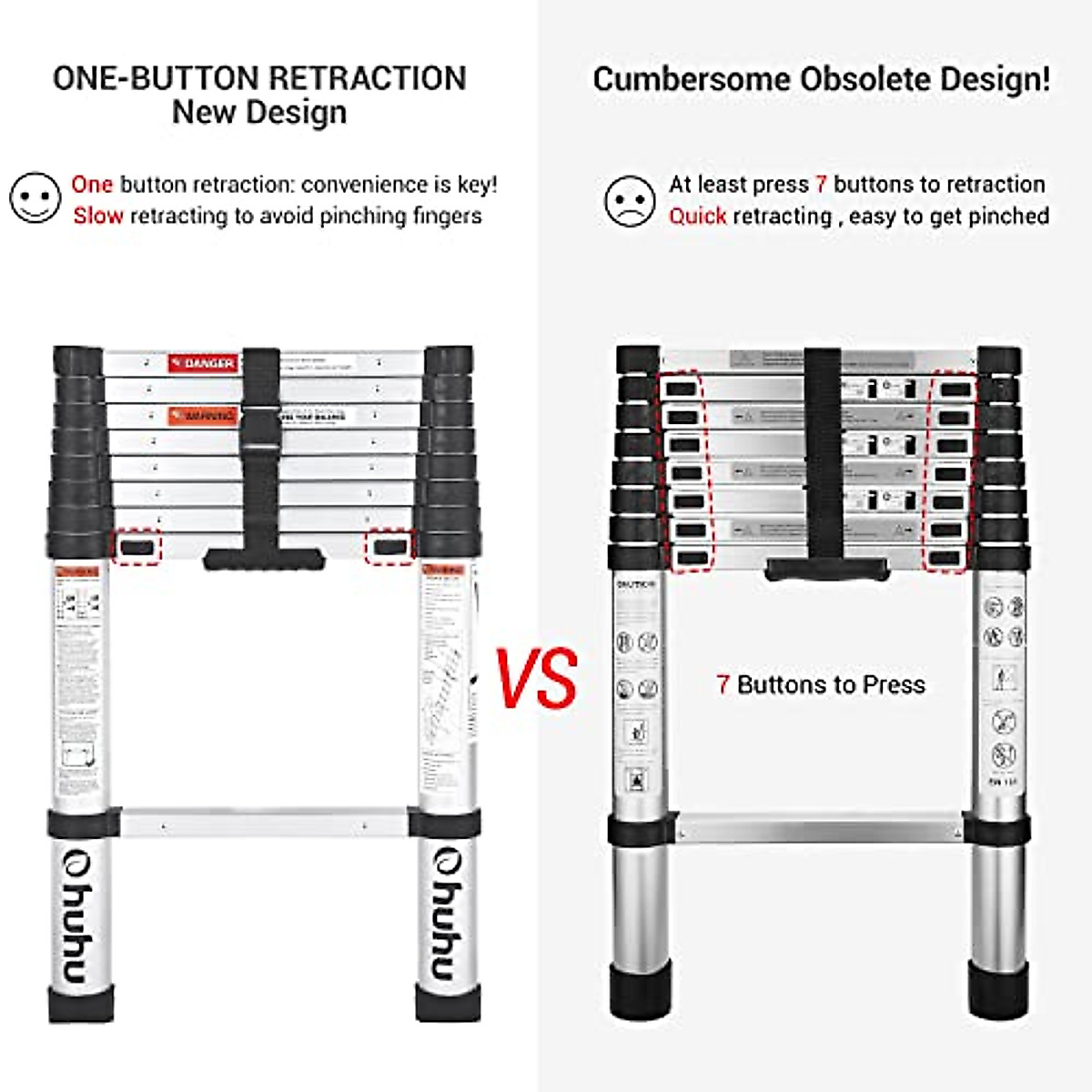 Ohuhu 8.5 FT Aluminum Telescoping Ladder, One-Button Retraction Heavy Duty Extension Ladder for Home, ANSI Certified Collapsible Ladders with Safe Slow Restoring for RV Roof Loft