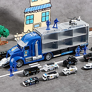 JOYIN 25 in 1 Police Rescue Truck Car Toy Set with Sounds and Lights, Mini Police Vehicles in Carrier Truck, Play Police Patrol Rescue Vehicle Toy, Birthday Gifts for Over 3 Years Old Boys