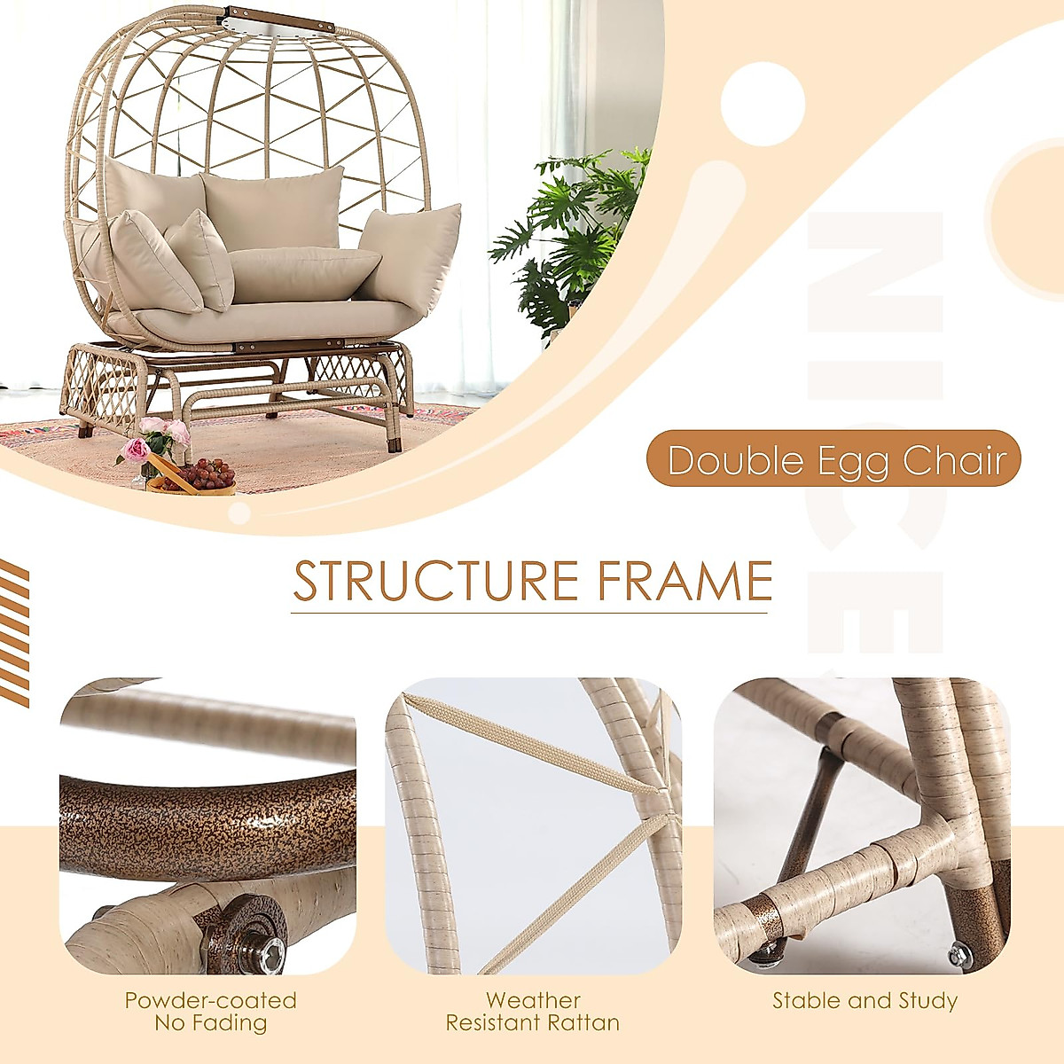NICESOUL® Double Wicker Rocking Egg Chair, Oversized Egg Basket Lounge Chair for 2 Persons, Patio Gliding Egg Chair with Legs Thick Cushions 500 Lbs Large Loveseat for Indoor Outdoor Beige with Cover