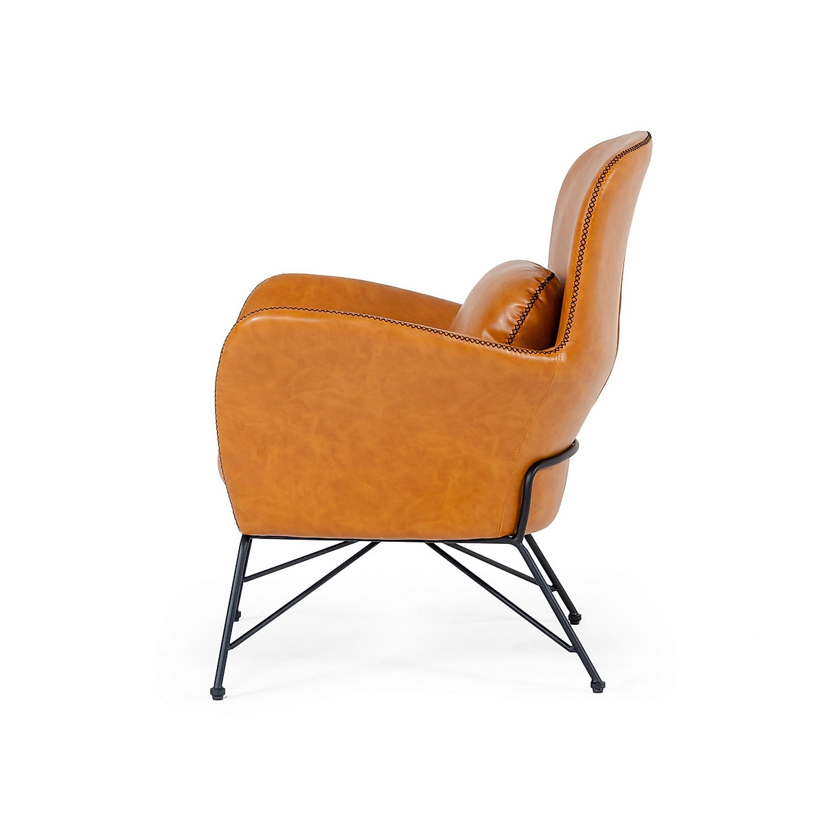 Benjara 35 Inch Accent Chair, Brown Faux Leather, Stitched Details, Metal Legs, Gray