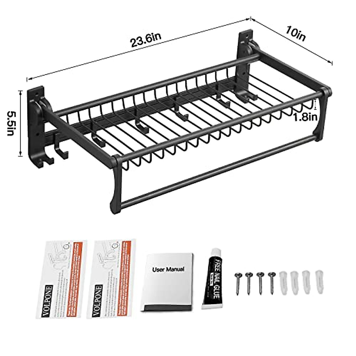 VOLPONE Towel Rack for Bathroom Towel Storage Wall Mounted Foldable Towel Shelf with Towel Bar Hooks No Assembly Required 24-Inch Black