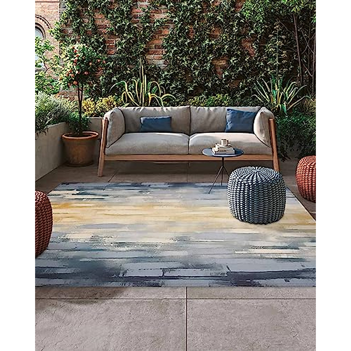 Yellow Painting Outdoor Rugs for 4'x6' Patios Clearance, RV Camping Mat Rug Portable Outside Rug Indoor Outdoor Area Rug Mat for Beach Deck Pool Contemporary Abstract Navy Blue Art