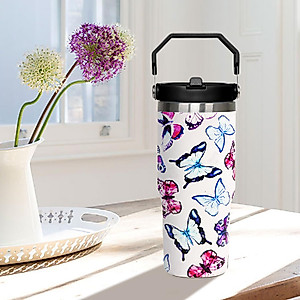 Butterfly Tumbler with Handle and Straw, Stainless Steel Vacuum Insulated Flip Straw 30 oz Pink Butterfly Tumbler Spill Proof Coffee Travel Mug Butterfly Gifts for Women
