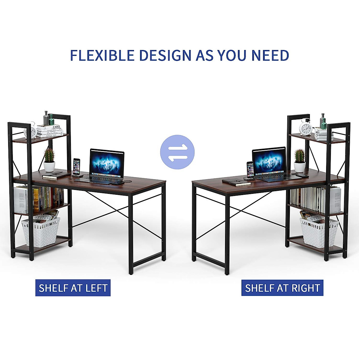VADIM Computer Desk with Shelves, Modern Office Desk with 4-Tier Shelf, Durable Working Desk for Home, Bedroom, Office, Sturdy Writing Table with Storage Bookshelf, 47 Inches, Walnut