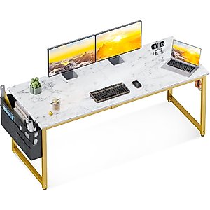 ODK Computer Desk Large Office Desk, 63 Inch Gaming Desk with Storage, Modern PC Desk Work Table with Headphone Hook for Home Office, Spliced Board, White + White Leg