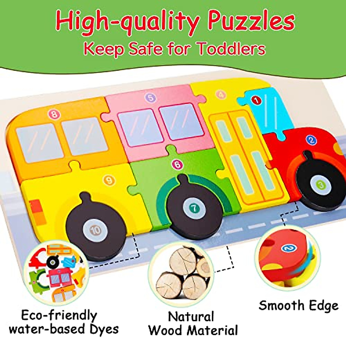 Wooden Toddler Puzzles for Kids Ages 2-4 Montessori Toys for 2 3 4 Year Old Boys Girls Toddler Educational Developmental Toys Gifts Numbers Colors Shapes Early Learning Vehicle Puzzle Toys(3 Packs)