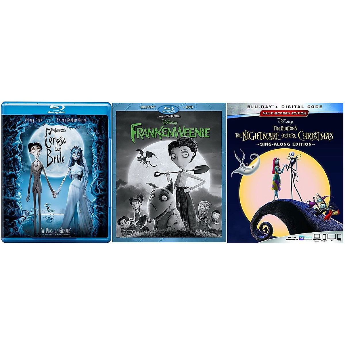 Tim Burton Animated Triple Feature Corpse Bride + Frankenweenie + Nightmare Before Christmas 3 Movie Blu Ray Bundle Disney with Magic Kingdom Art Card