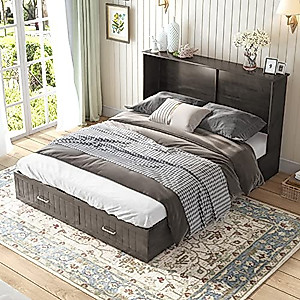 Mjkone Murphy Bed with Folding Memory Foam Mattress, 81" W Cabinet Bed with USB Charging Station, Queen Murphy Cabinet Chest Bed Has 2 Large Drawers Use for Living Room/Bedroom (Queen Grey)