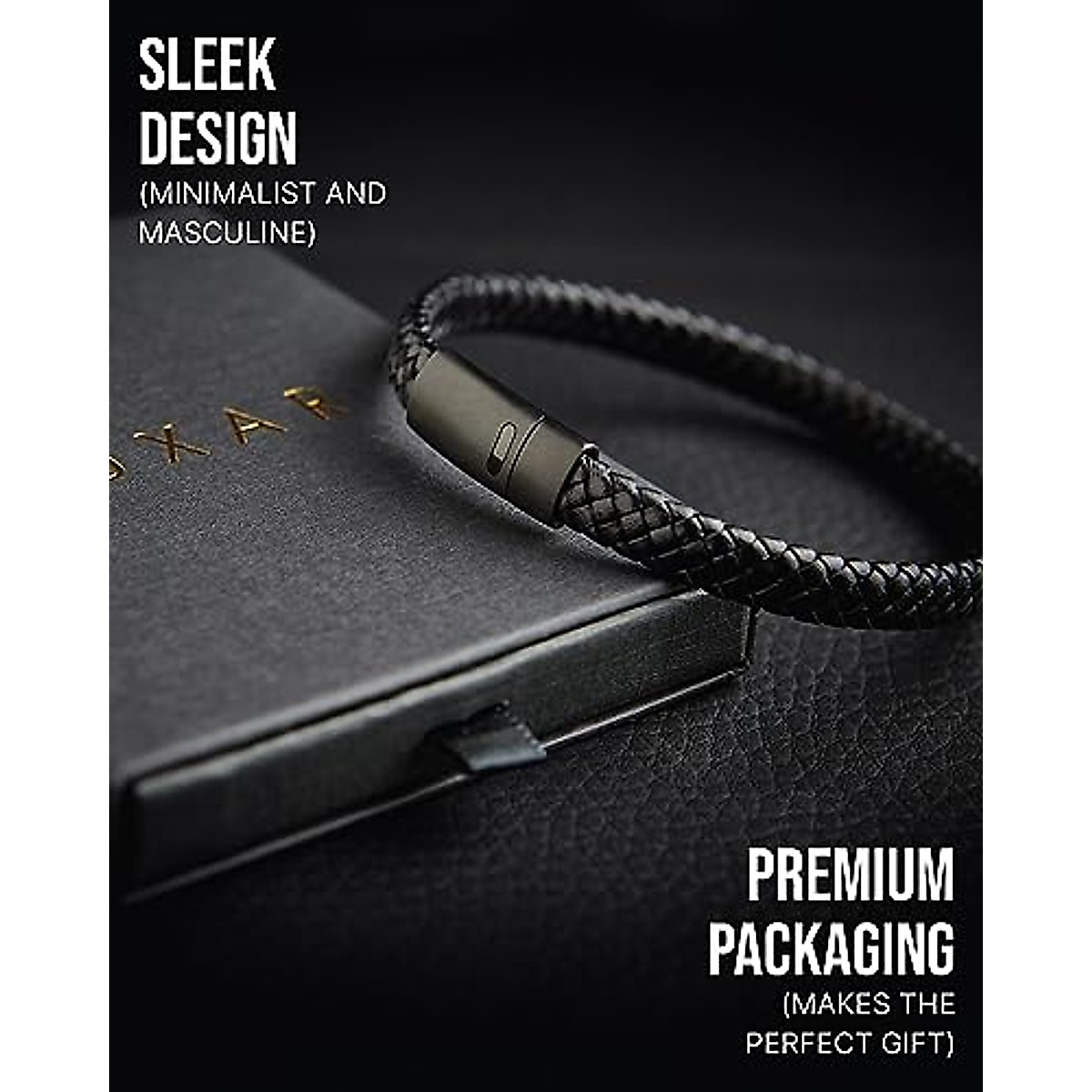LUXAR Men’s Genuine Interwoven Black Leather Braided Bracelet | Brushed Black Stainless Steel Clasp | Large (7-7½ Inch Wrist) | Male Jewelry