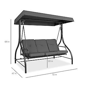 Best Choice Products 3-Seat Outdoor Large Converting Canopy Swing Glider, Patio Hammock Lounge Chair for Porch, Backyard w/Flatbed, Adjustable Shade, Removable Cushions - Gray