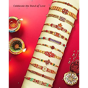 IndoTribe Rakhi for Brother - Set of 12, Rakhi for Brother and Bhabhi | Lumba Rakhi For Brother with Gift Set | Rakhi with Roli Chawal, Card | Brother Bhaiya Bhabhi Rakhi | Raksha Bandhan Rakhi