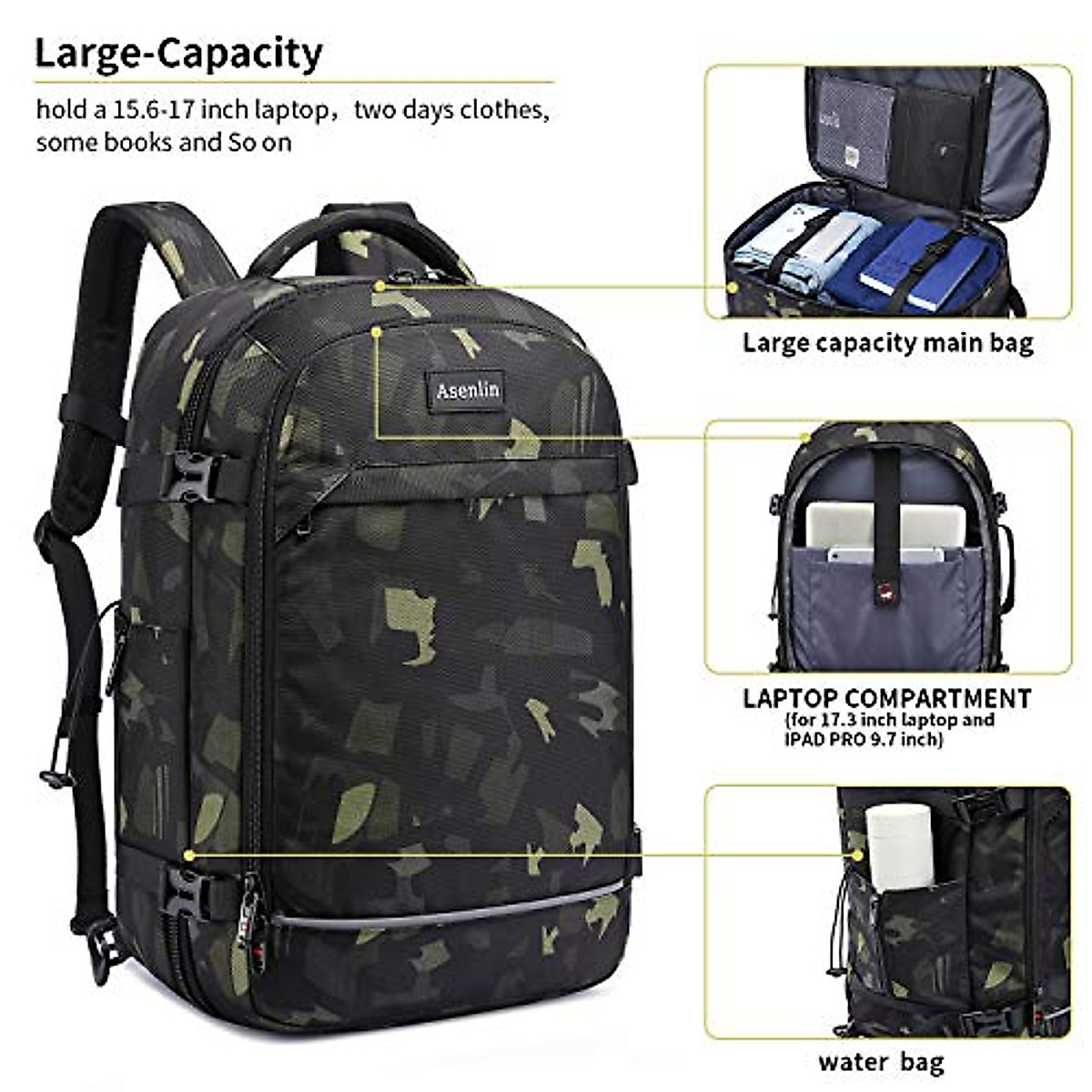Asenlin 18 Inch Travel Laptop Backpack for Women Men，Business Travel Backpack Fit Flight Approved Water Resistant Computer Backpack Suitcase Backpack Woodland CAMO