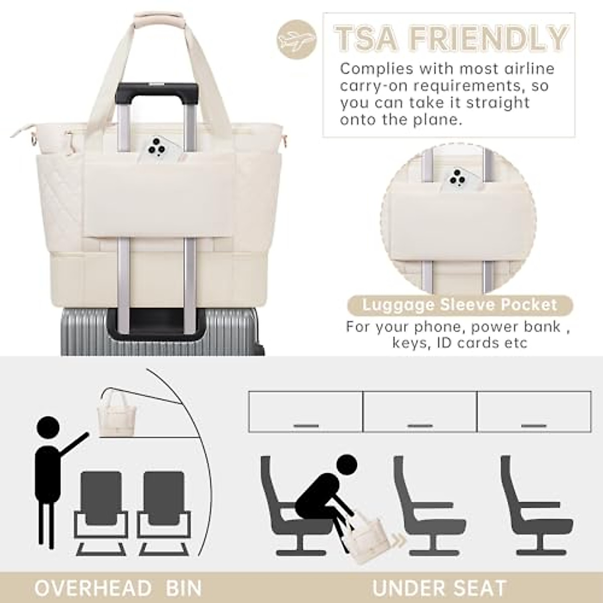 Lororado Travel Tote Bags for Women, 3 pcs Set Expandable Travel Duffel Bag with Toiletry Bag & Neck Pillow, Carry on Overnight Bag, Weekender Bag with Shoe Compartment, Gym Hospital Bag(Large-Beige)