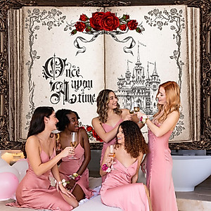 Mocsicka Once Upon a Time Backdrop Princess Castle Wedding Party Background Fairytale Book Red Roses Bridal Shower Party Cake Table Decoration Photo Booth Props (7x5ft)