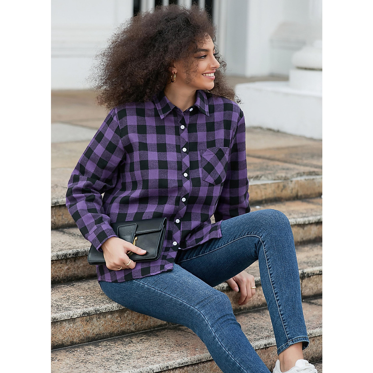 SANGTREE Womens Flannel Shirt, Casual Plaid Tops Long Sleeve Button Down Shirt for Women Buffalo Purple, Medium