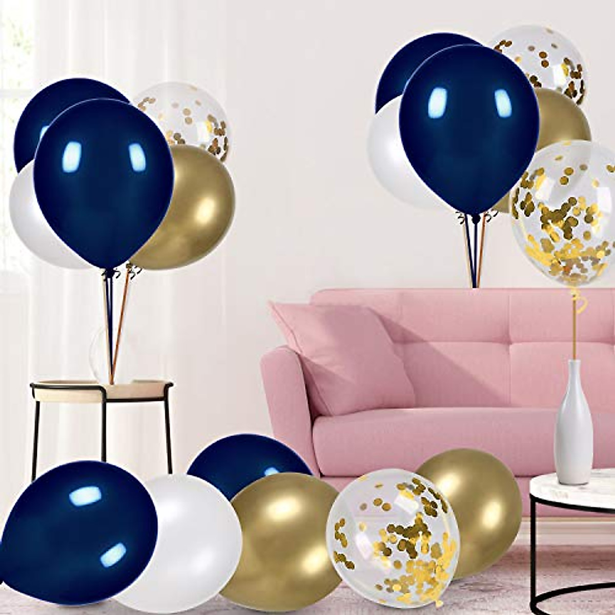 Navy Blue and Gold Confetti Balloons Party Decoration Supplies 70pcs 12 inch Gold Metallic Pearl White Balloons for Navy Party, Baby Shower, Wedding, Graduation, Birthday, with 2 Strips, 2 Foil Ribbon