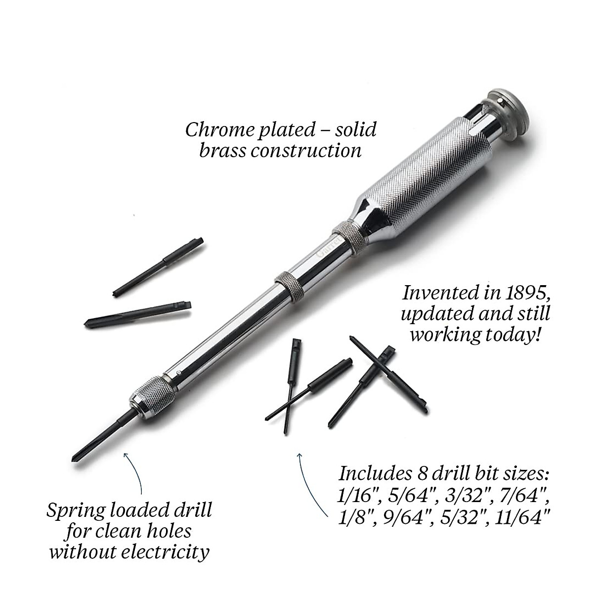 Kings County Tools Classic Yankee Style Push Drill | 8 Double Fluted Bits Included | Chrome Plated Solid Brass Material | No Chuck Necessary | Ideal for Tight Areas