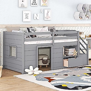 Lakifun Twin Size Low loft Bed,Loft Bed with Storage,Modern Farmhouse Twin loft Bed for Kids,Wood Twin Low Loft Bed with Game House and Drawers, Bookshelf Staircase,Gray