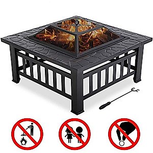 Outdoor Metal Square Fire Pit, 32" Metal firepit for Patio Wood Burning Fireplace Square Garden Stove with Charcoal Rack, Poker & Mesh Cover for Camping Picnic Bonfire Backyard