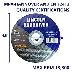 100 Pack 4.5" Cut-Off Wheels Lincoln Abrasives .040" Metal & Stainless Steel