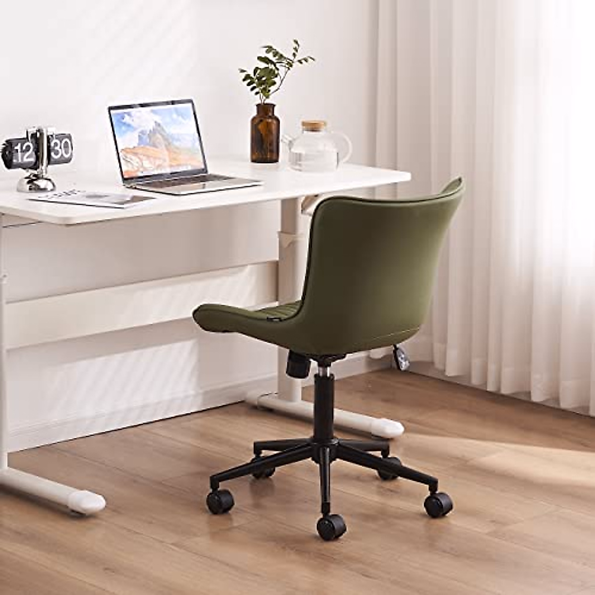 YOUTASTE Office Chair Armless Desk Chair Small Computer Swivel Rolling Chair with Wheels, Modern Upholstered PU Leather Computer Task Chair, Adjustable Home Office Desk Chairs, Olive Green