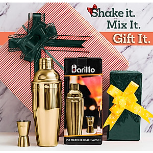 Gold Cocktail Shaker Set Bartender Kit by BARILLIO: 24 oz Stainless Steel Martini Mixer, Muddler, Mixing Spoon, Jigger, 2 Liquor pourers, Velvet Bag, Recipes Booklet & eBook…