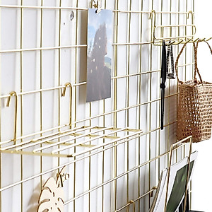 FRIADE Wall Grid Panel for Photo Display,Wall Storage Organizer,5 Metal Clips & 3 S Hooks & 4 Nails & 4 Plastic Hanging Buckles and 4 Screws Offered,Size 17.5" x 11.8",2 Pack(Gold)