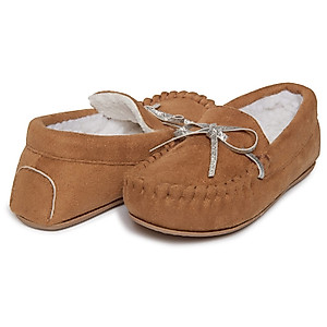 Lucky Brand Girls Plush Glitter Bow Moccasin Slippers, Rubber Sole Indoor Outdoor House Shoes, Kids Bedroom Slipper Moccasins, Tan, Size 2-3