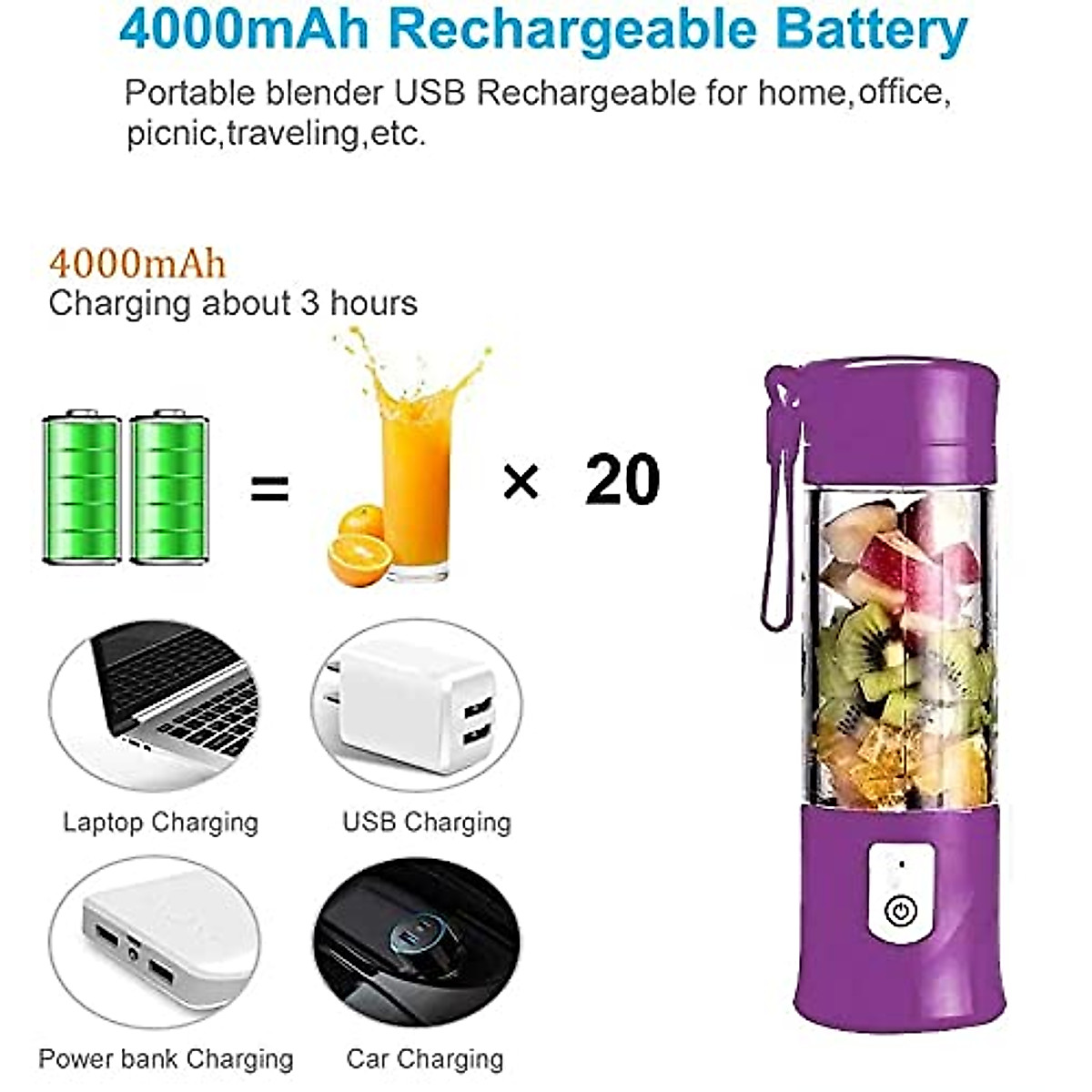 Portable USB Juicer Blender,Travel Juice Cup Baby Food Mixing Machince with Powerful Motor 4000mAh Rechargeable Battery Mini blender,13Oz