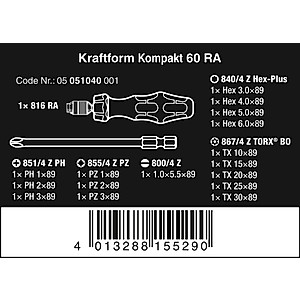 WERA - 5051040001 Kraftform Kompakt 60 Ra Ratchet Screwdriver & Long PZ, Ph, TX, Hex Bits, 051040