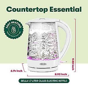 BELLA 1.7 Liter Glass Electric Kettle, Quickly Boil 7 Cups of Water in 6-7 Minutes, Soft Pink LED Lights Illuminate While Boiling, Cordless Portable Water Heater, Carefree Auto Shut-Off, White