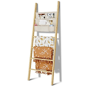 Delywh Wooden Blanket Ladder, Wood Towel Throw Blanket Ladders for The Living Room, Bedroom, Nursery, Farmhouse Decorative Ladders for Home Decor Blankets Holder Rack Display, Nature Wood