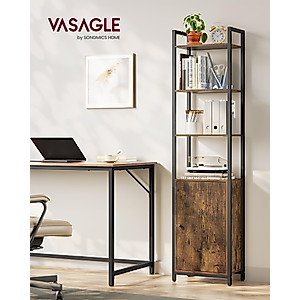 VASAGLE 6-Tier Bookshelf, Tall Bookcase with Door, Steel Frame, Adjustable Shelves, 9.4 x 15.7 x 62.8 Inches, Living Room Bedroom, Rustic Brown and Ink Black ULLS132K01