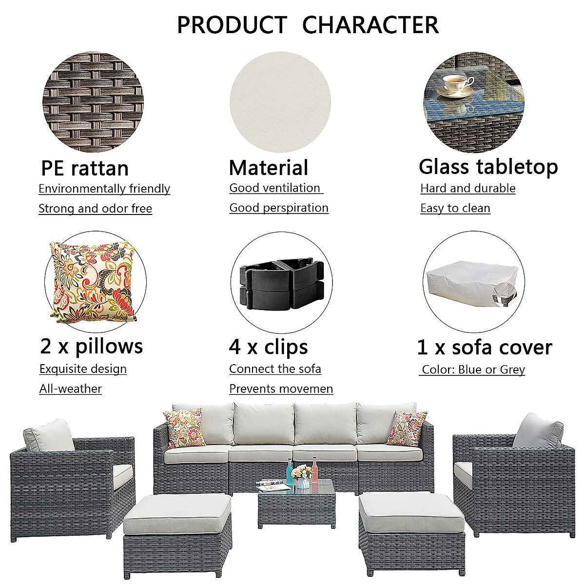 XIZZI Patio Furniture Set, No Assembly 9 PCS Big Size Outdoor Sectional Sofa All Weather PE Rattan Wicker Outdoor Furniture with 2 Pillows,Grey Wicker Beige Cushion