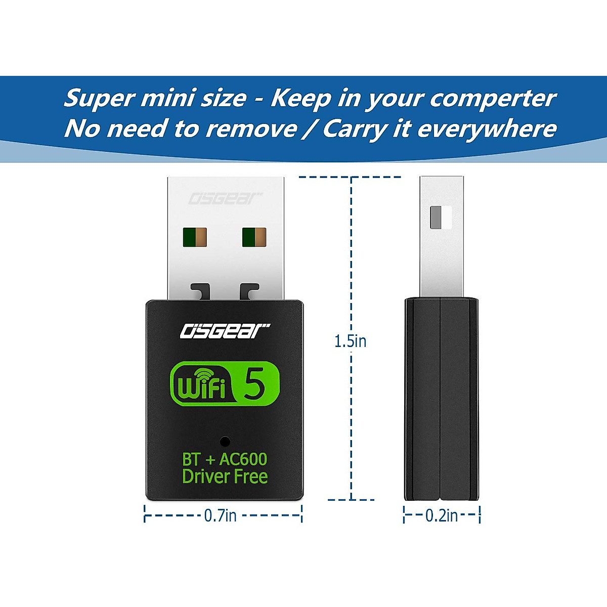 OSGEAR 600Mbps USB 2 in 1 WiFi Bluetooth Adapter Wireless Card Dual-Band 802.11a/b/g/n 2.4GHz 150Mbps 5.8 GHz 433Mbps Network Dongle Supports Win10 8 7 XP for PC Vista