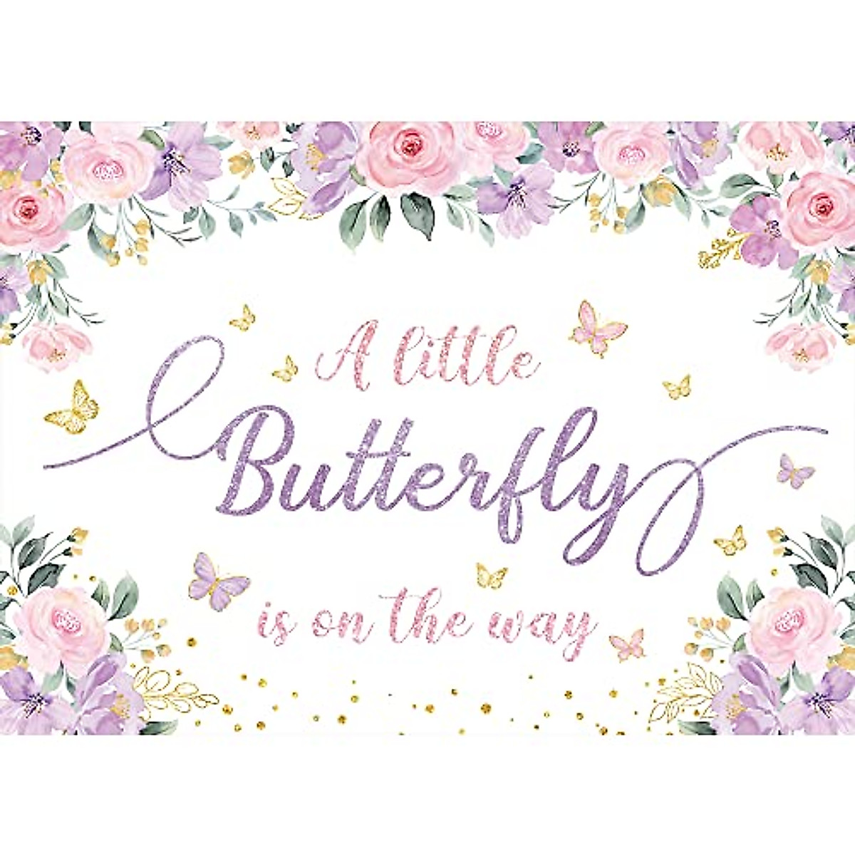 SVBright Butterfly Floral Baby Shower Backdrop 7Wx5H A Little Butterfly is on The Way Pink Purple Flowers Girls Princess Gold Dots Party Decorations Photography Background Banner Photo Booth Studio