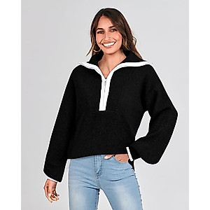BTFBM Women's 2023 Fall Winter Half Zip Pullover Sweaters Casual V Neck Long Sleeve Ribbed Knit Loose Jumper Tops(Solid Black, Medium)