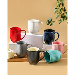 Hasense Ceramic Coffee Mugs Set of 4, 16 Oz Large Ribbed Coffee Cups with Big Handle, Unique Modern Style White Latte Mugs for Tea,Cocoa,Milk,Cappuccino, Microwave & Dishwasher Safe