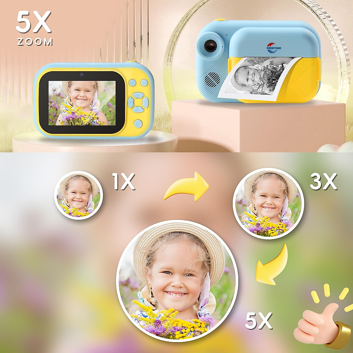 Seemee Instant Print Camera for Boys, Selfie Instant Camera with 3.5" Screen, 32G Card, 3 Rolls Print Papers, Stickers, Cute Camera Birthday Gifts Toys (Blue)