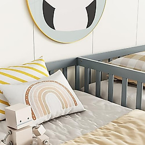 DEYOBED Double Bed, Twin Size Floor Bed with Fence and Guardrails, Minimalistic Wood Bed Without Door for Kids, Boys, Girls, Bedroom, 2 Twin Bed in One Design, Easy to Assemble, Gray