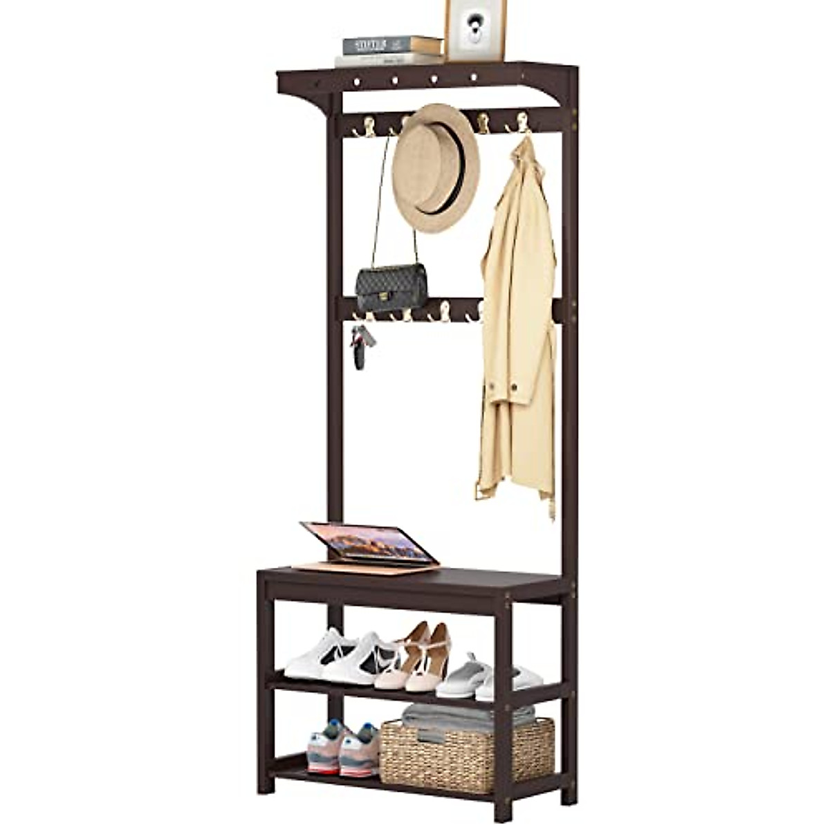 SEIRIONE Bamboo Coat Rack Shoe Bench, 5 in 1 Design Freestanding Hall Tree for Entryway Storage Organizer, 10 Hanger Hooks, 1 Upper Shelf, Easy Assembly,Dark Brown