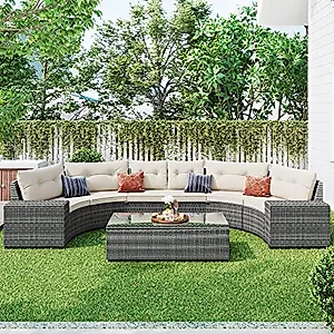 GODAFA 8-Piece Outdoor Wicker Round Patio Furniture Set-Half-Moon Sectional Sofa with Rectangular Coffee Table-Water-Resistant PE Rattan-Movable Cushions, Beige