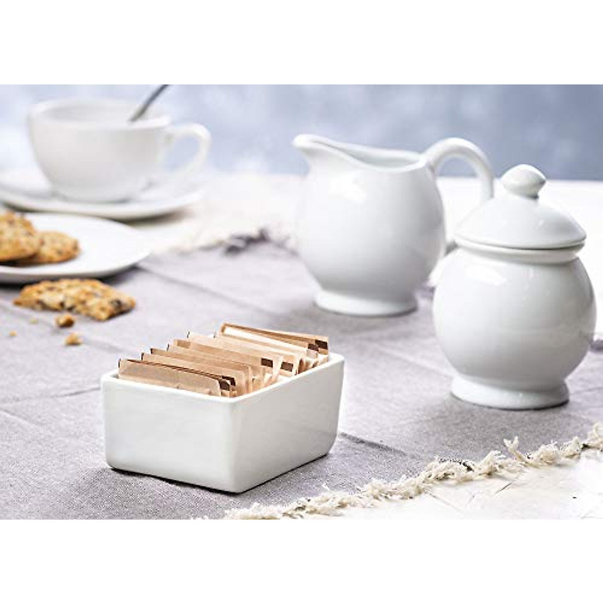 Kook Ceramic Sugar & Creamer Set, 3 Piece Porcelain Coffee Serving Set, Milk Pitcher, Sugar Bowl with Lid and Sweetener Packet Holder, Dishwasher Safe, White