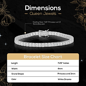 Queen Jewels 925 Sterling Silver Bracelets for Women | Princess-Cut Cubic Zirconia Tennis Bracelets for Women | Silver Jewelry Bangle Bracelets for Women | Sterling Silver Women's Bracelet 7.25 Inches