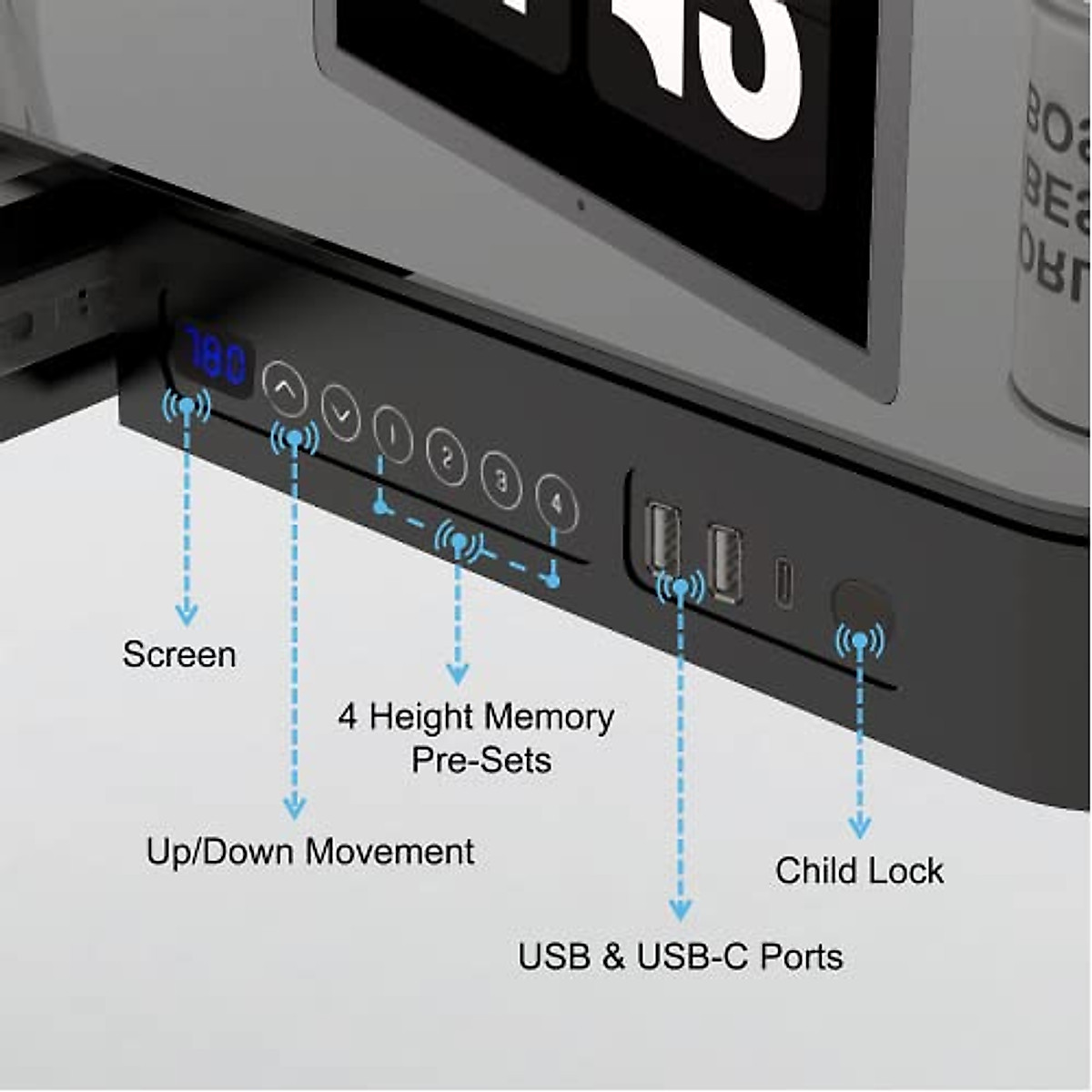 JAHRSTIM Jefferson Glass Standing Desk with Drawer, 48 x 24 Inches Modern Height Adjustable Desk Home Office Sit Stand Up Desk, Electric Motorized Uplift, Memory Control, Child Lock, Black