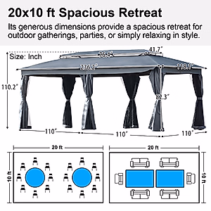 110x220 Outdoor Gazebo with Oxford Cloth & Mosquito Nets, Patio, Yard, Deck, Garden, Double Top Design Zipper Design Ultraviolet-Proof Waterproof Fireproof Withstand Strong Winds, Gray